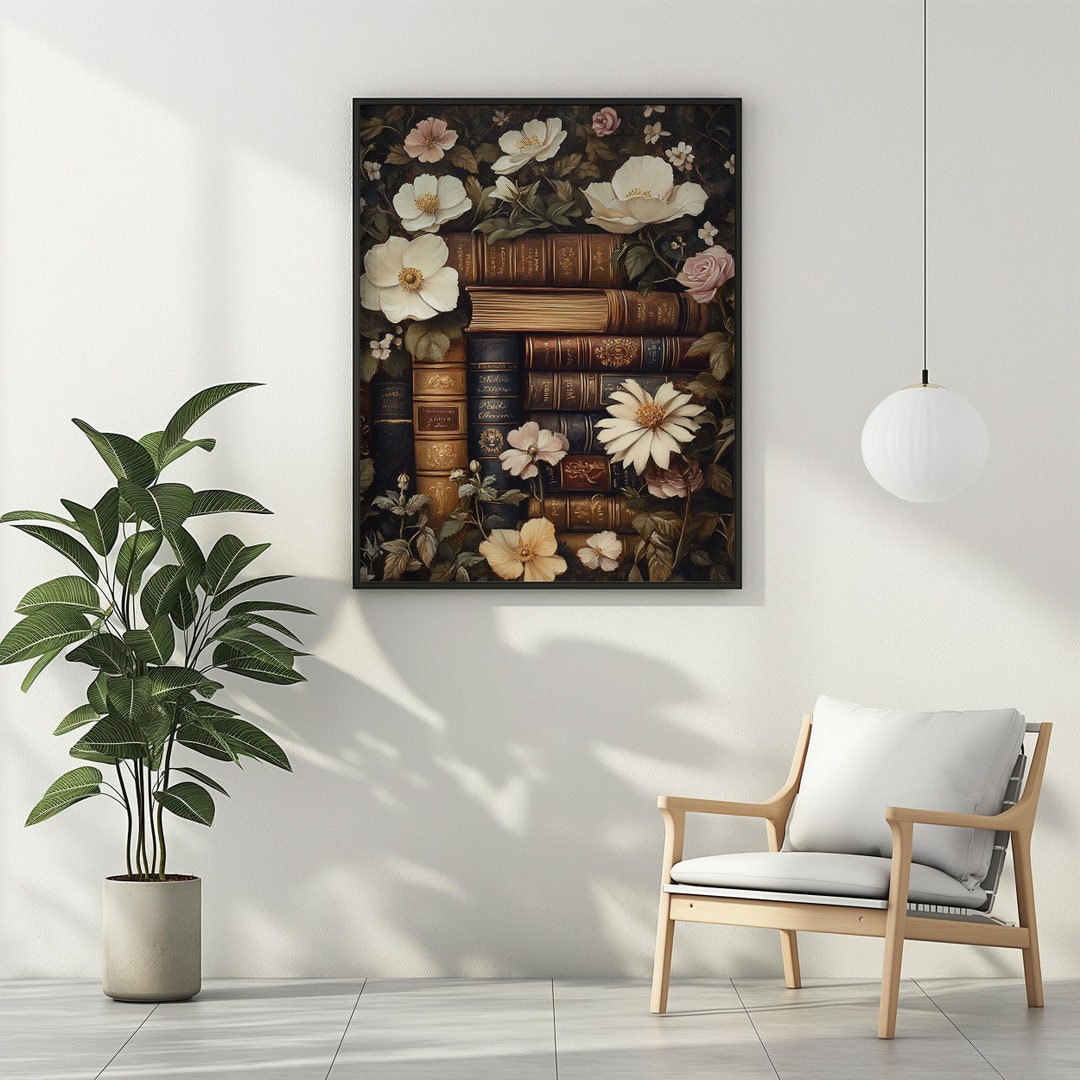 Vintage Books Wall Art Floral Printable Wall Decor Dark Academia Daisy ...
