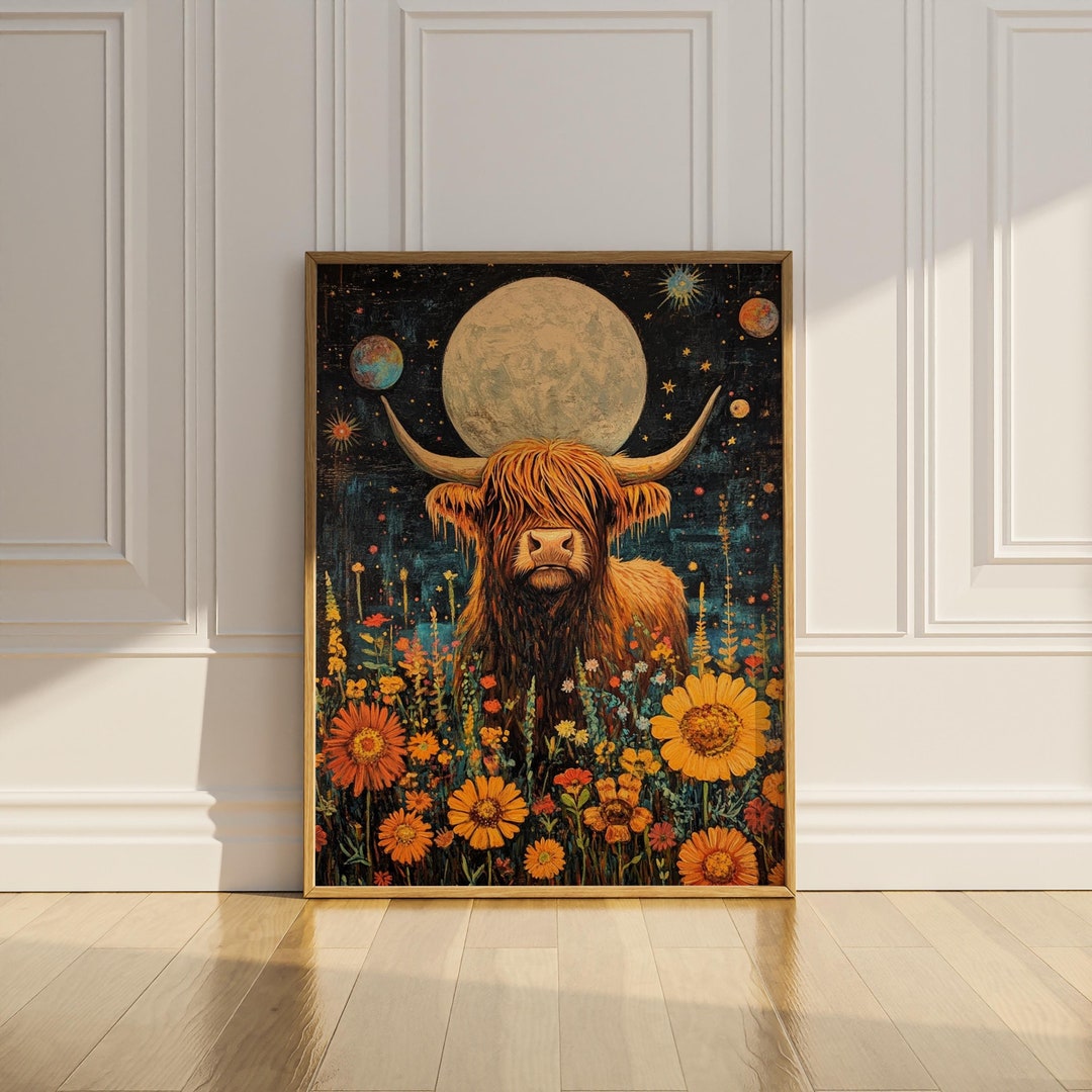 Highland Cow Wildflowers Poster Print Celestial Wall Art Boho Western ...