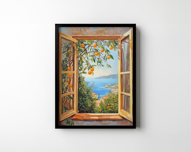 Open Window Scene Oil Painting Printable Wall Art Mediterranean Sea ...