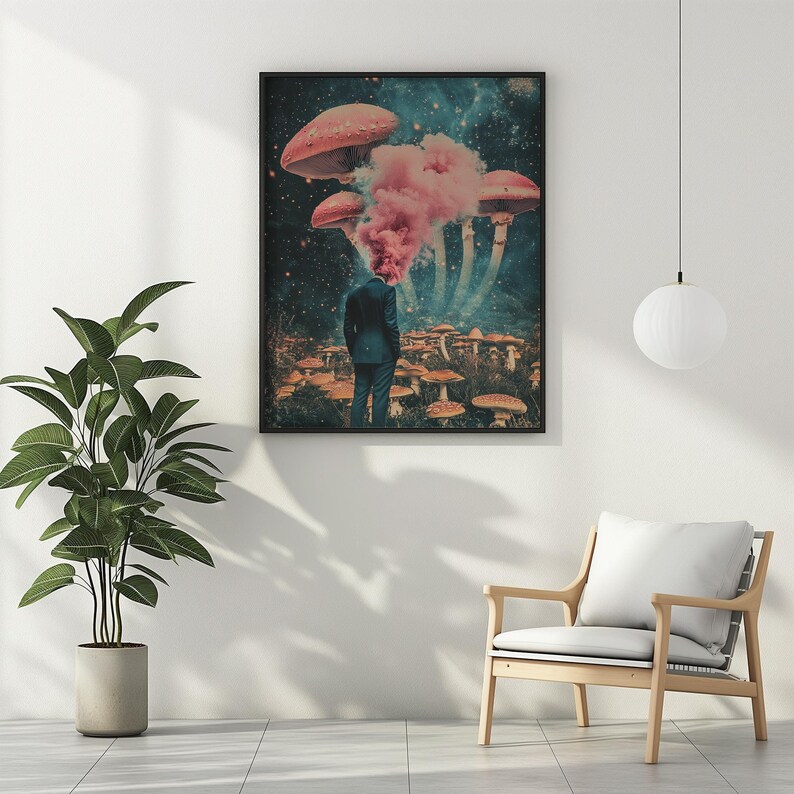 Psychedelic Collage Poster Print Mushrooms Pink Smoke Surrealism Trippy ...