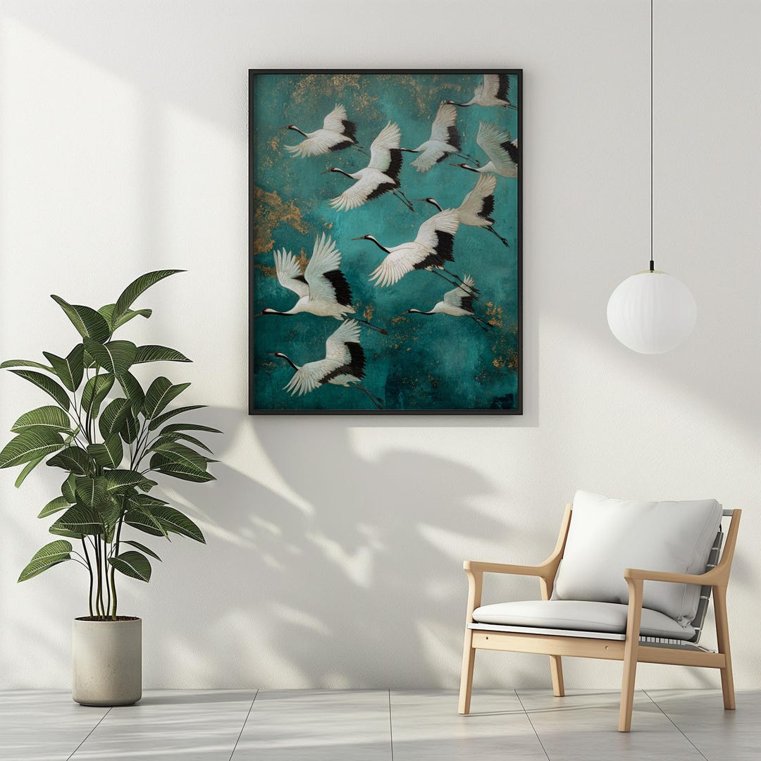 Red Cap Cranes Poster Print Japanese Flock of Birds Wall Art Japandi ...