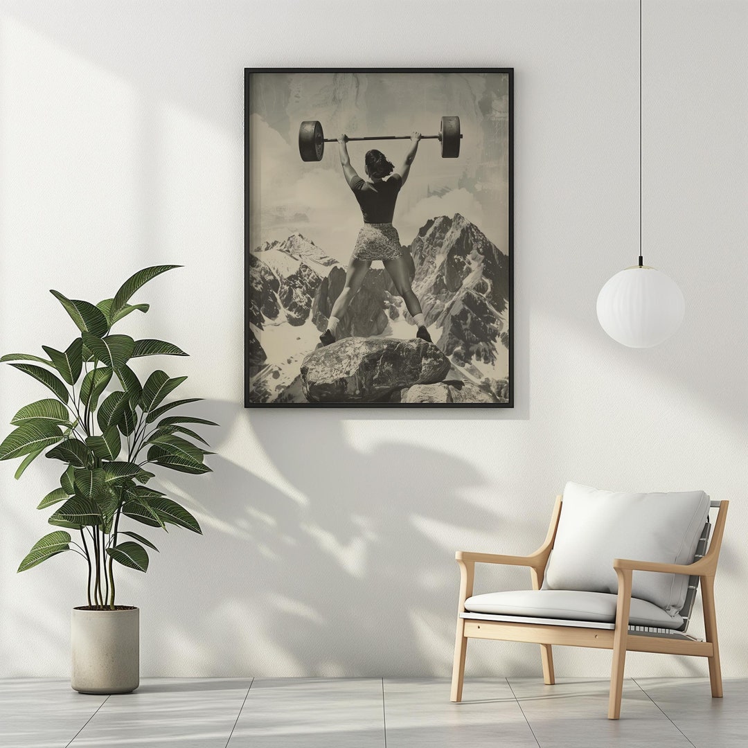 Vintage Gym Poster Print Strong Woman Weightlifting Mountain Black ...