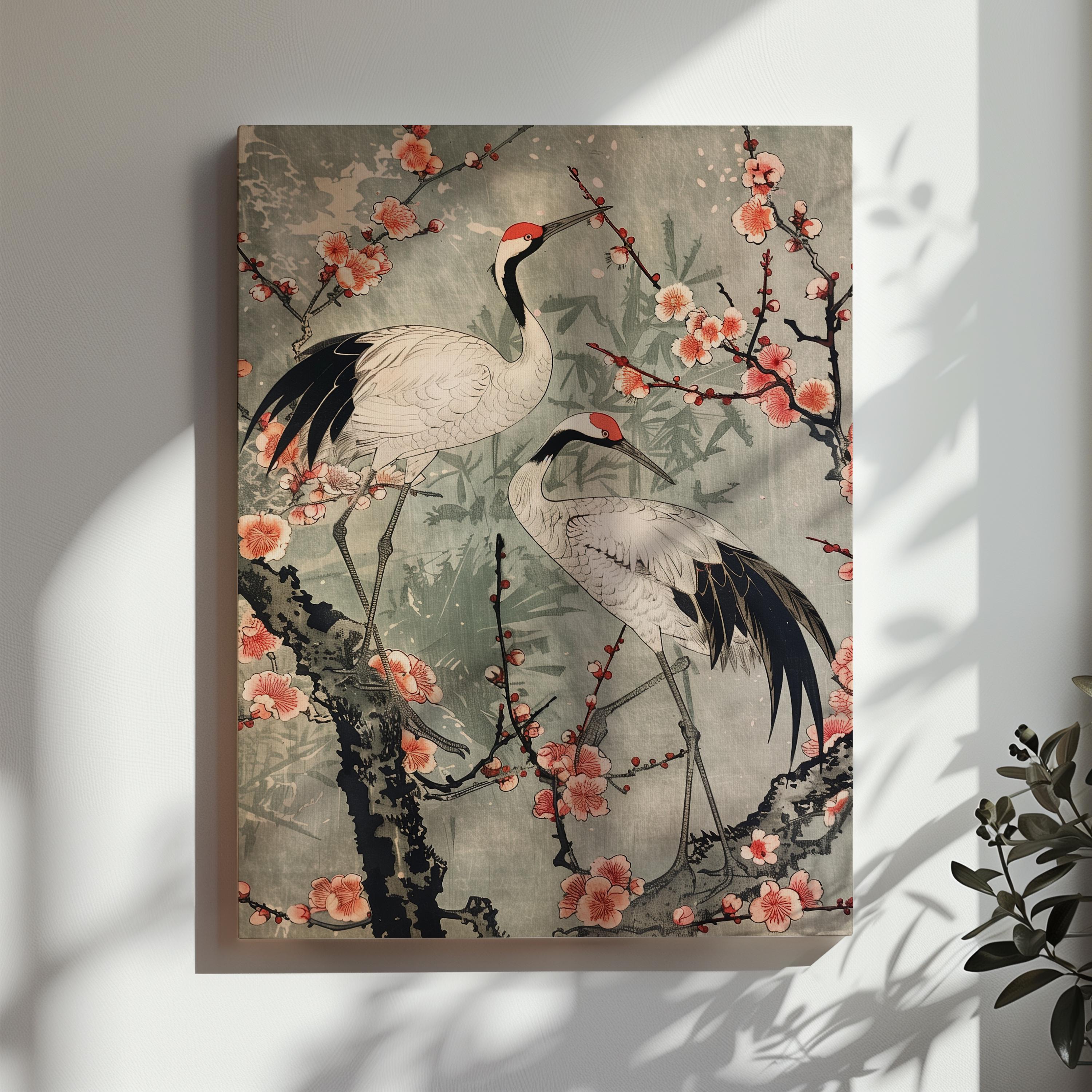 Japanese Wall Art Red Cap Cranes Sakura Cherry Tree Wall Decor Vintage ...
