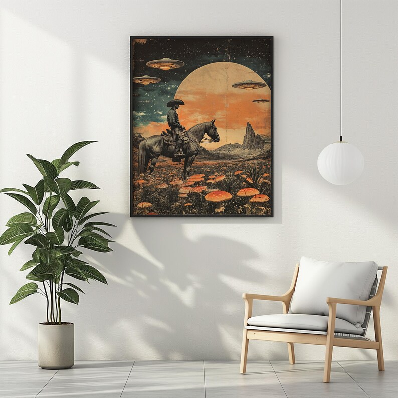 Trippy Cowboy Horse UFO Art Print, Psychedelic Western Wall Decor ...