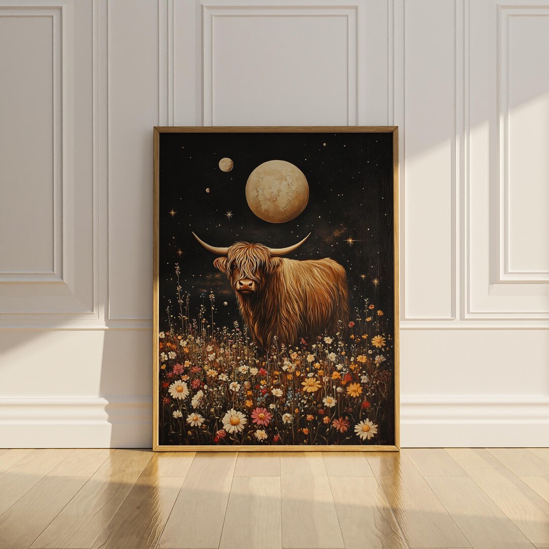 Highland Cow Wildflowers Poster Print Celestial Wall Art Boho Western ...