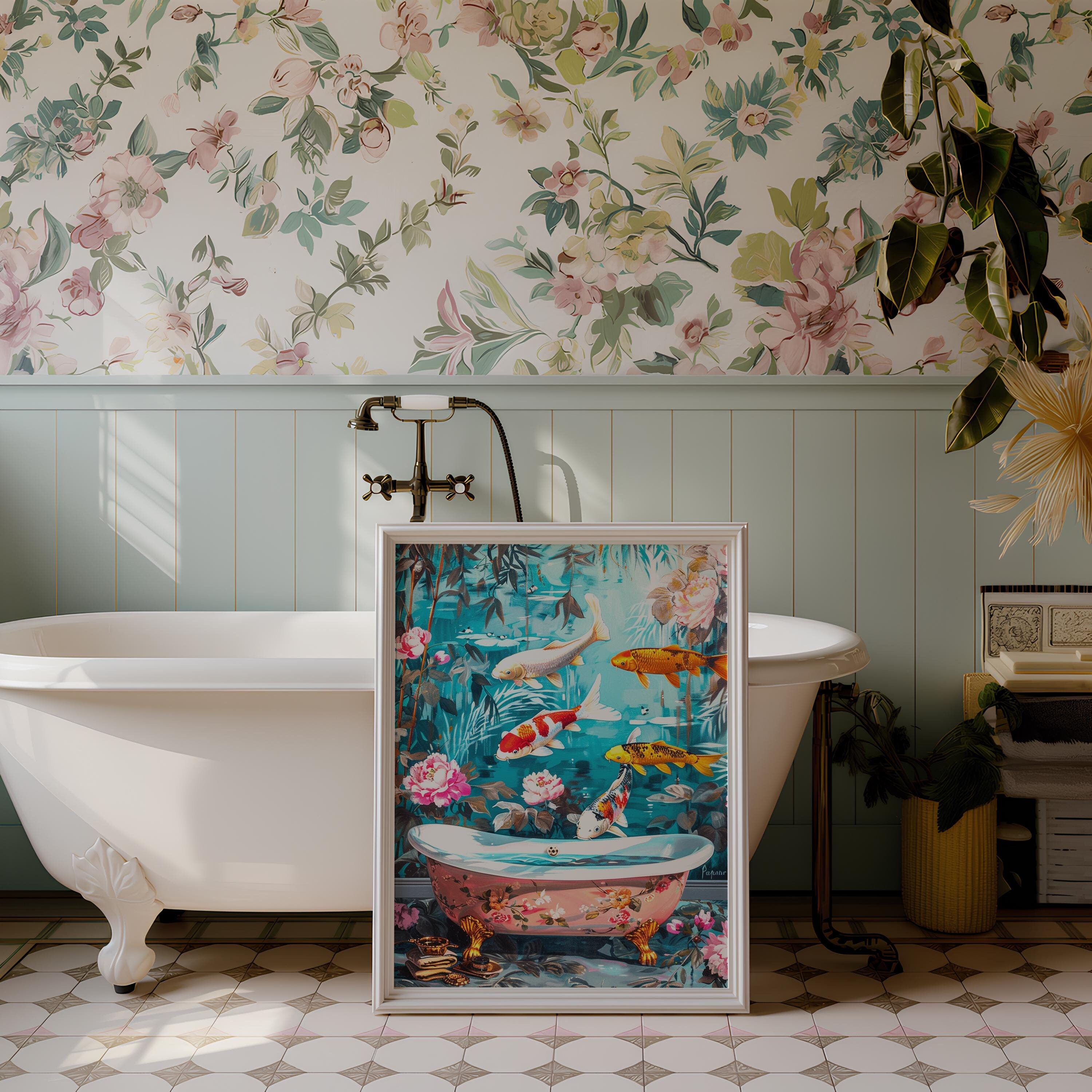 Japanese Koi Fish Bathroom Wall Decor Modern Koi Bathtub Art Printable ...