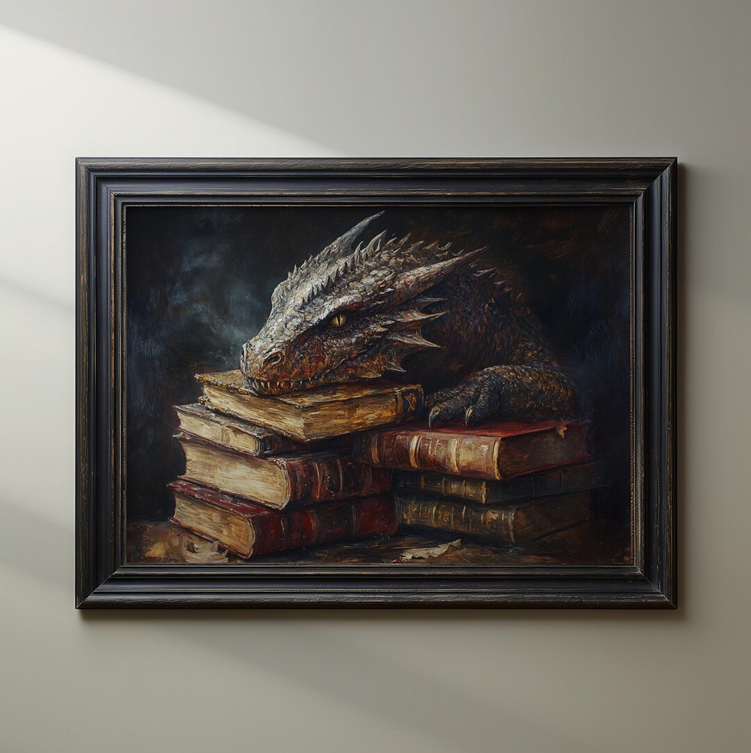 Book Dragon Poster Print Dark Academia Wall Art Fantasy Book Lover Wall ...