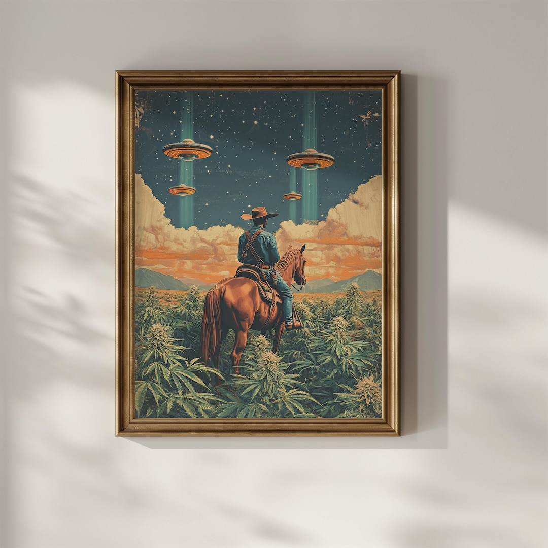 Cowboy Riding Horse in Cannabis Field Trippy UFO Wall Art Vintage ...