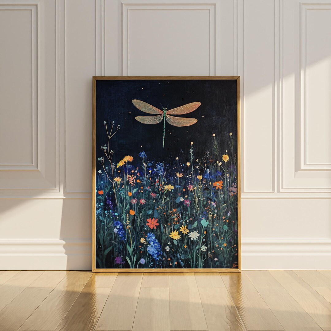 Dark Maximalist Dragonfly Poster Print Wildflower Cottagecore Botanical ...