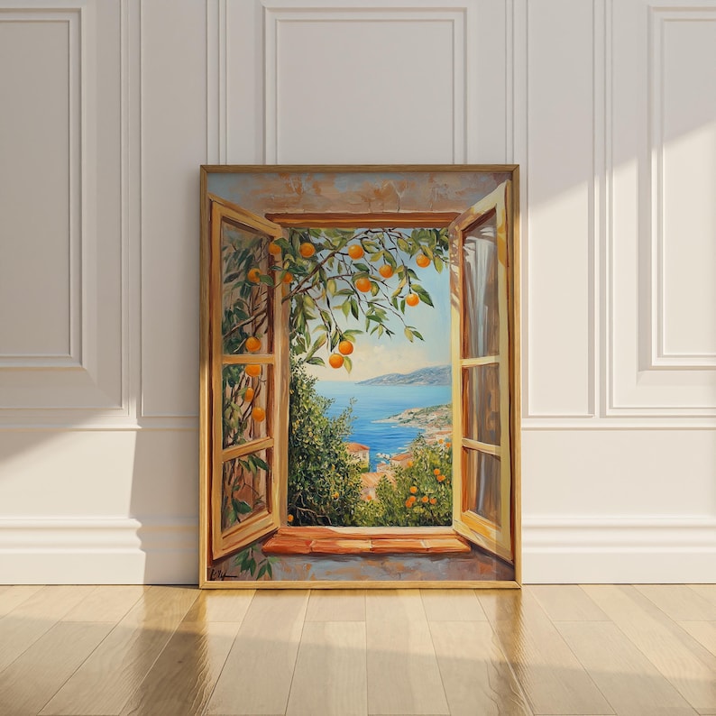 Open Window Scene Oil Painting Printable Wall Art Mediterranean Sea ...