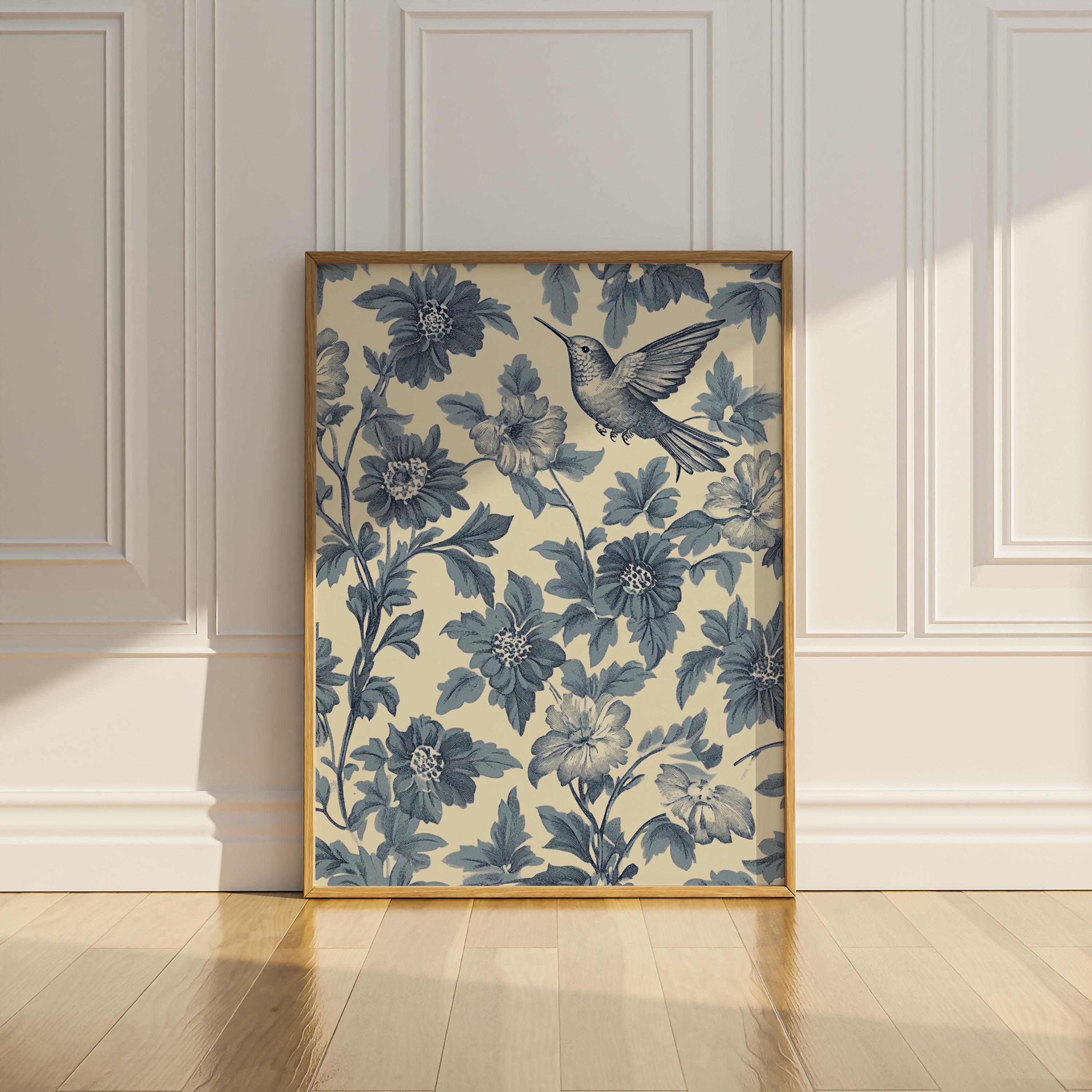 Blue Chinoiserie Hummingbird Wall Art Printable Flower Pattern Print ...
