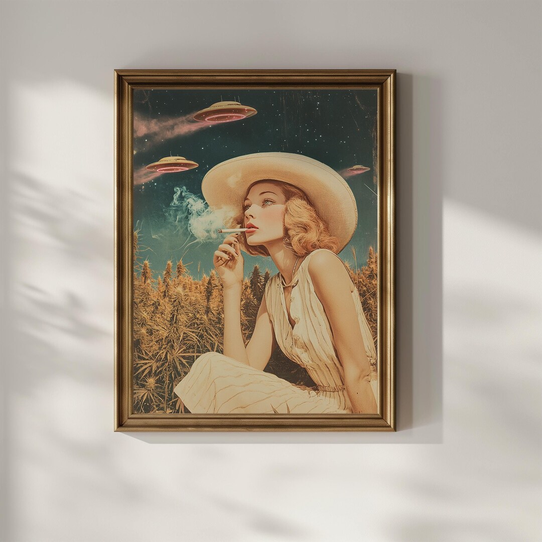 Vintage Girl Cannabis Field Poster Print Ufo Surrealism Trippy ...