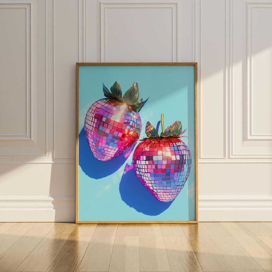 Strawberry Disco Ball Painting Poster Print Wall Art Maximalist Glam ...