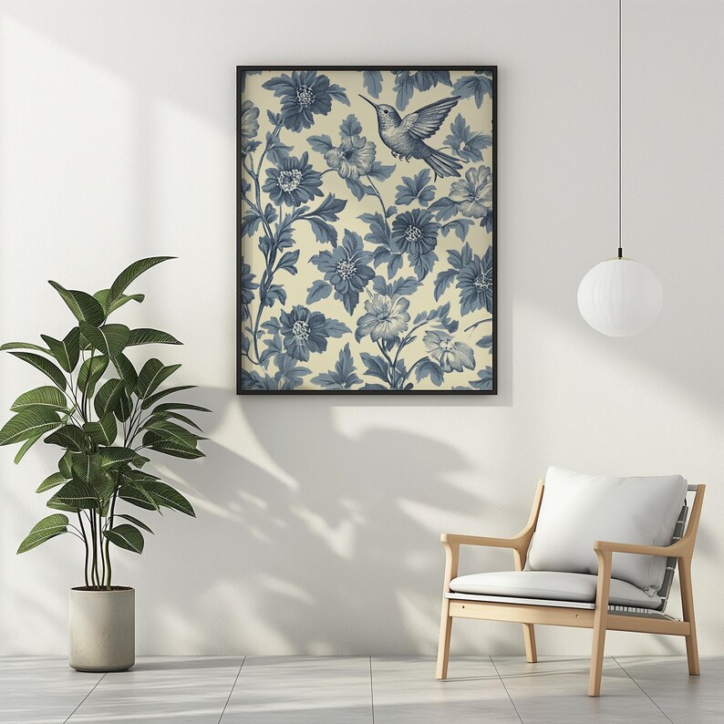 Blue Chinoiserie Hummingbird Wall Art Printable Flower Pattern Print ...