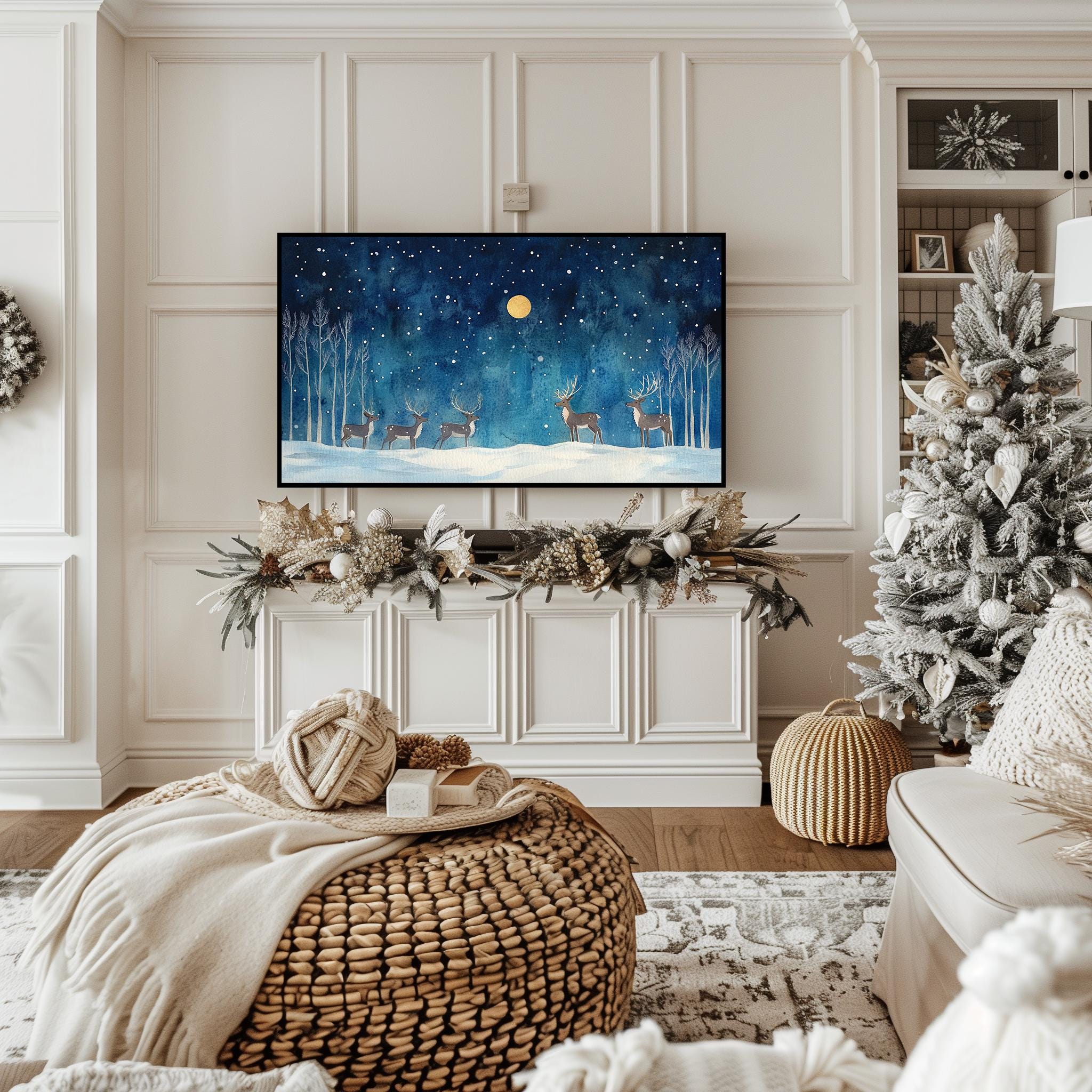 Christmas Reindeer Frame TV Art Reindeers Snowy Landscape Minimalist ...