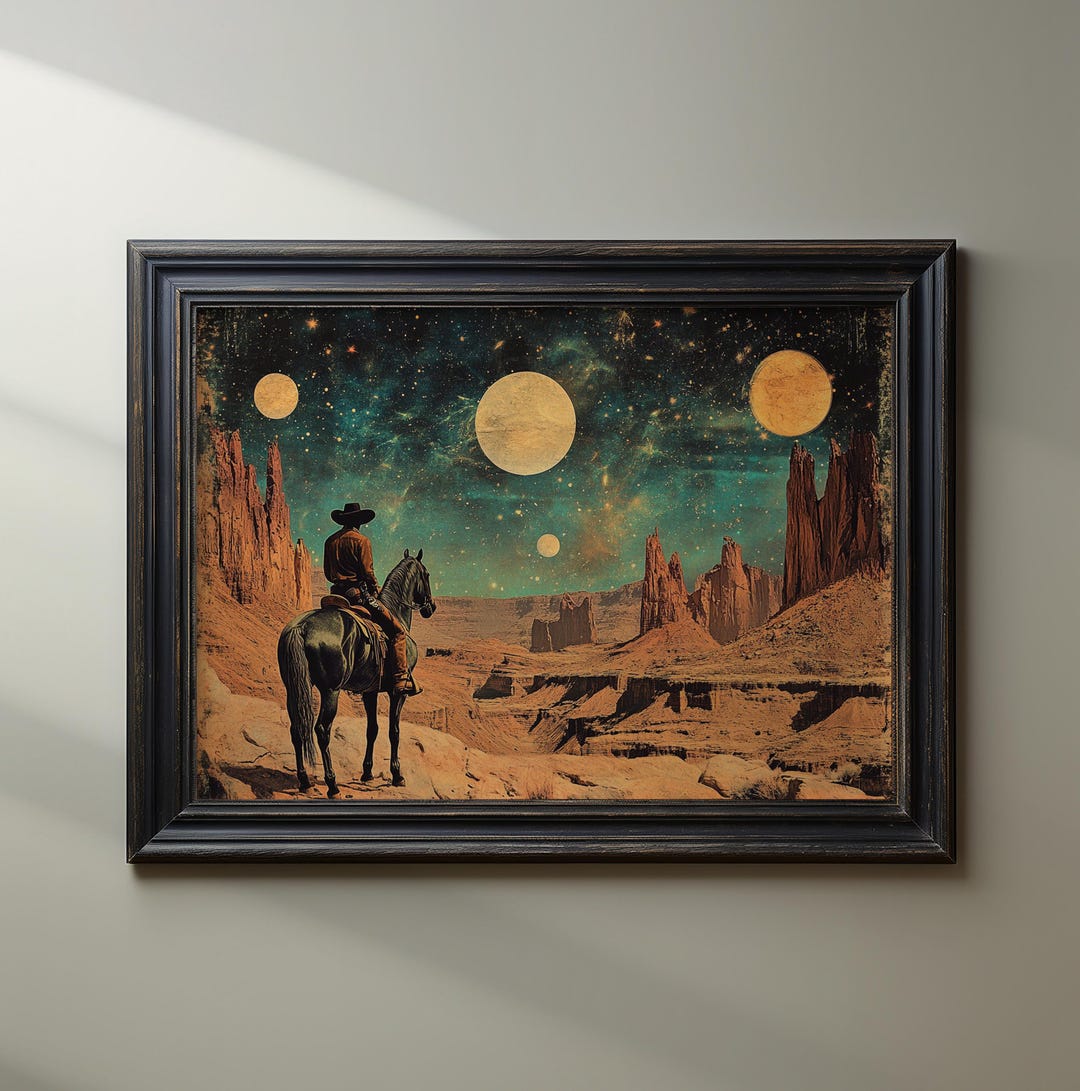 Cowboy Riding Horse in Canyon Landscape Poster Print Psychedelic ...