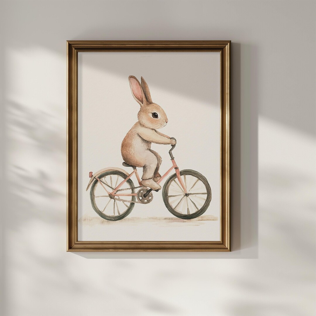 Bunny Riding Bicycle Wall Art Funny Cute Printable Kid's Room Nursery ...