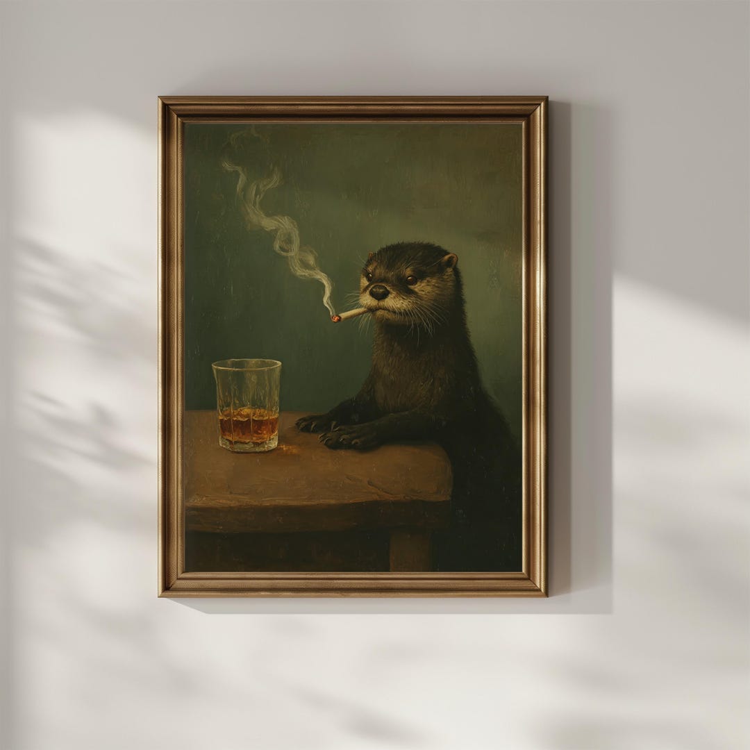 Smoking Otter Wall Art Funny Animal Whisky Lover Decor Moody Dark Humor ...