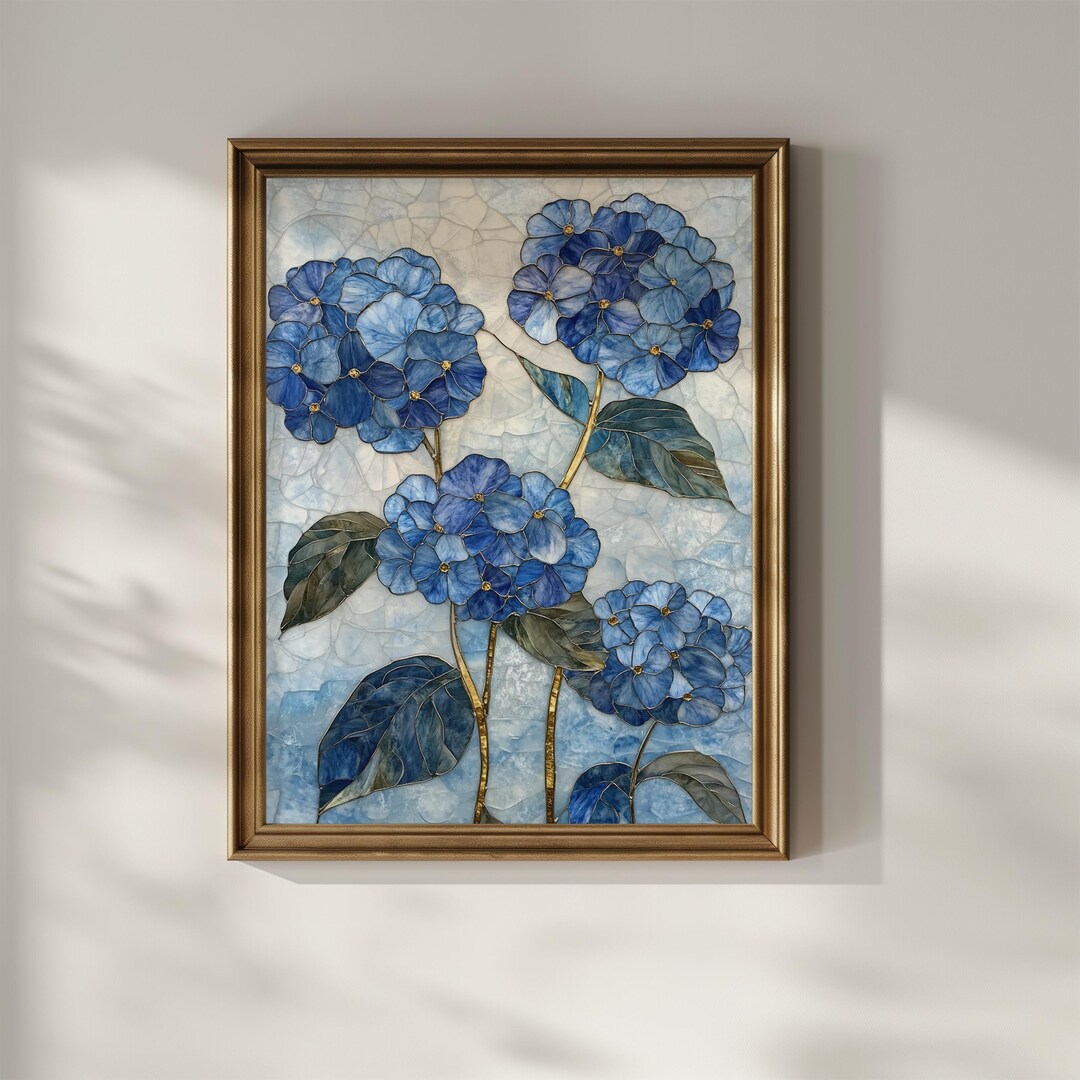 Stained Glass Blue Hydrangea Poster Print Hydrangea Wall Art Artful ...