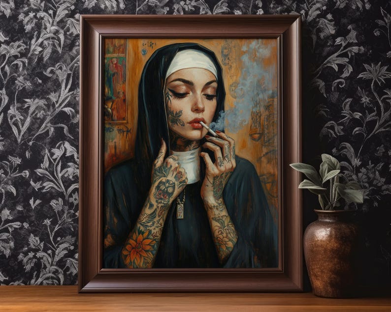 Tattooed Nun Smoking Cigarette Wall Art Tattoo Studio Wall Decor ...