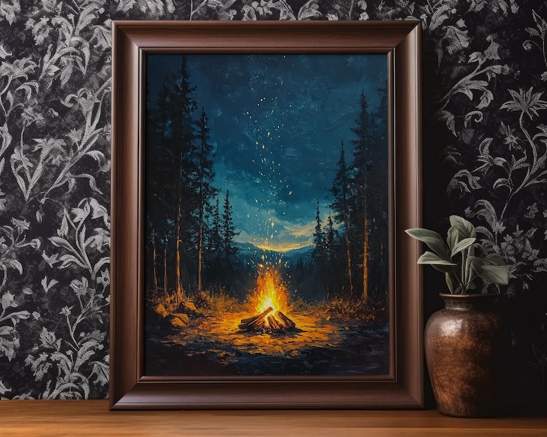 Campfire Night Sky Printable Wall Art Vintage Painting Camping Wall ...