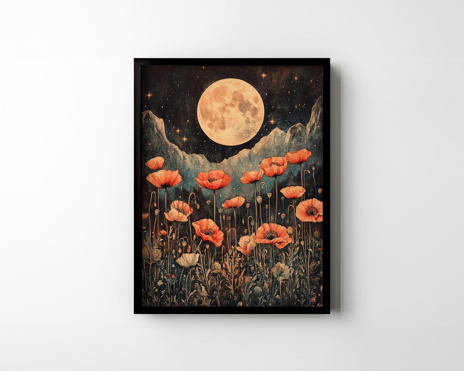 Celestial Poppy Flowers Poster Print Floral Poppies Wall Art Full Moon ...