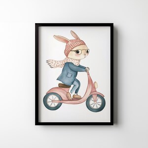 Bunny Riding Scooter Wall Art Funny Cute Printable Kid's Room Nursery ...