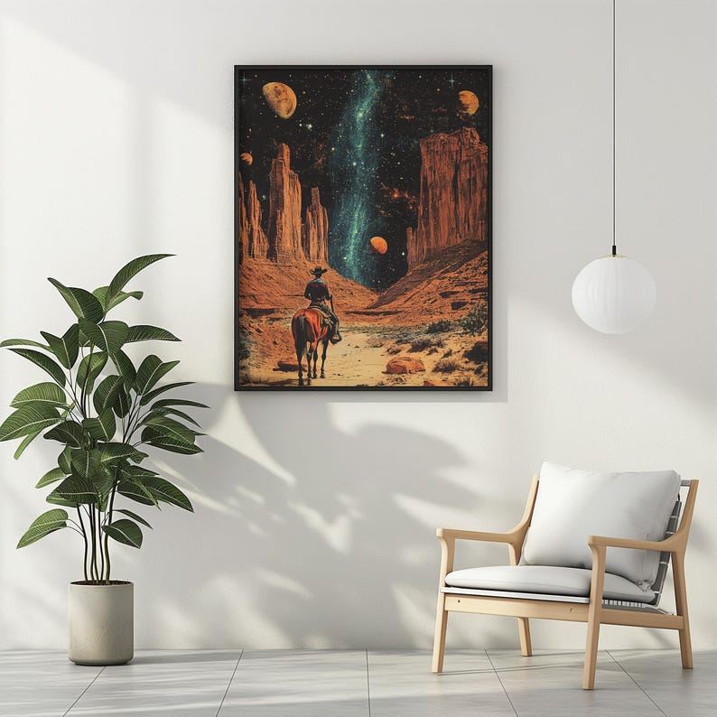 Cowboy Riding Horse in Canyon Landscape Celestial Wall Art Night Sky ...