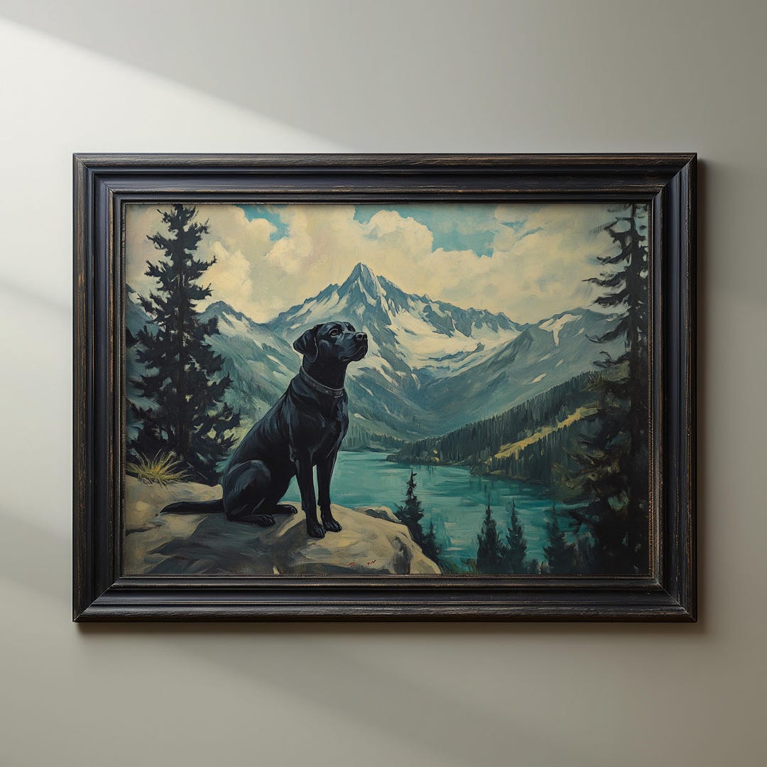 Mountain Landscape Dog Printable Black Labrador Wall Art Vintage Oil ...