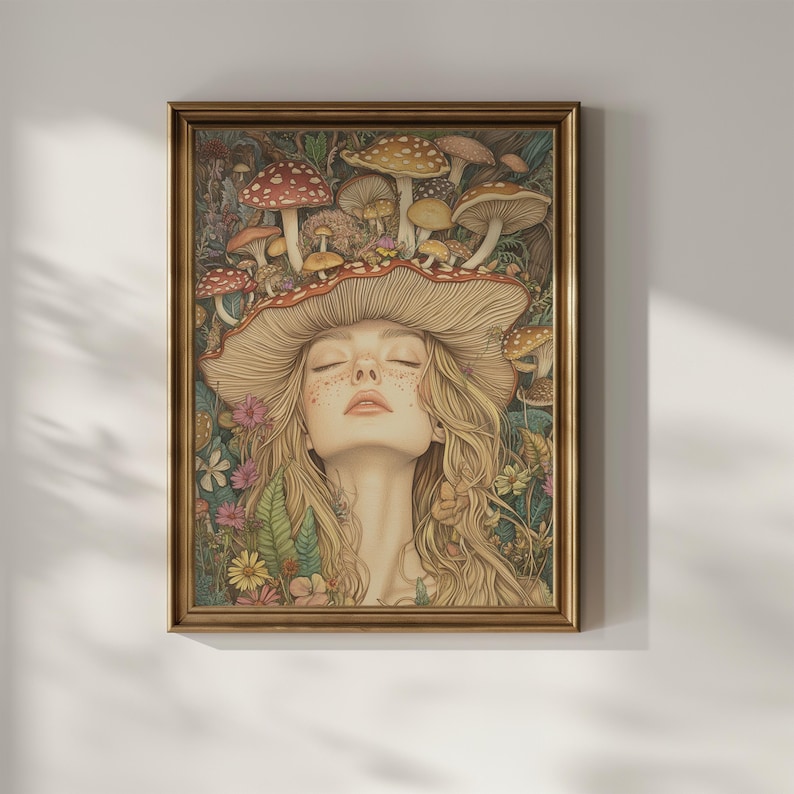 Mushroom Girl Art Print | Trippy Floral Botanical Wall Decor - Etsy