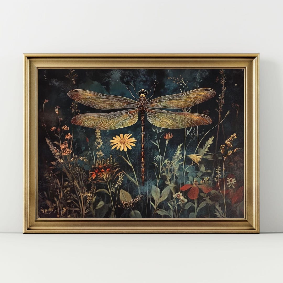 Dragonfly Botanical Poster Print Dark Cottagecore Wall Art Wildflower ...