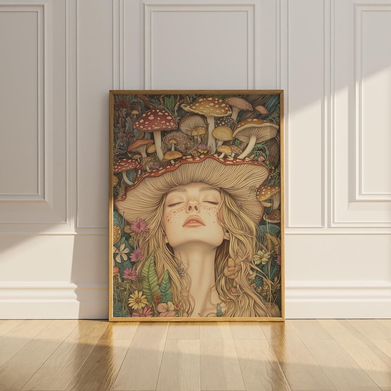 Mushroom Girl Art Print | Trippy Floral Botanical Wall Decor - Etsy