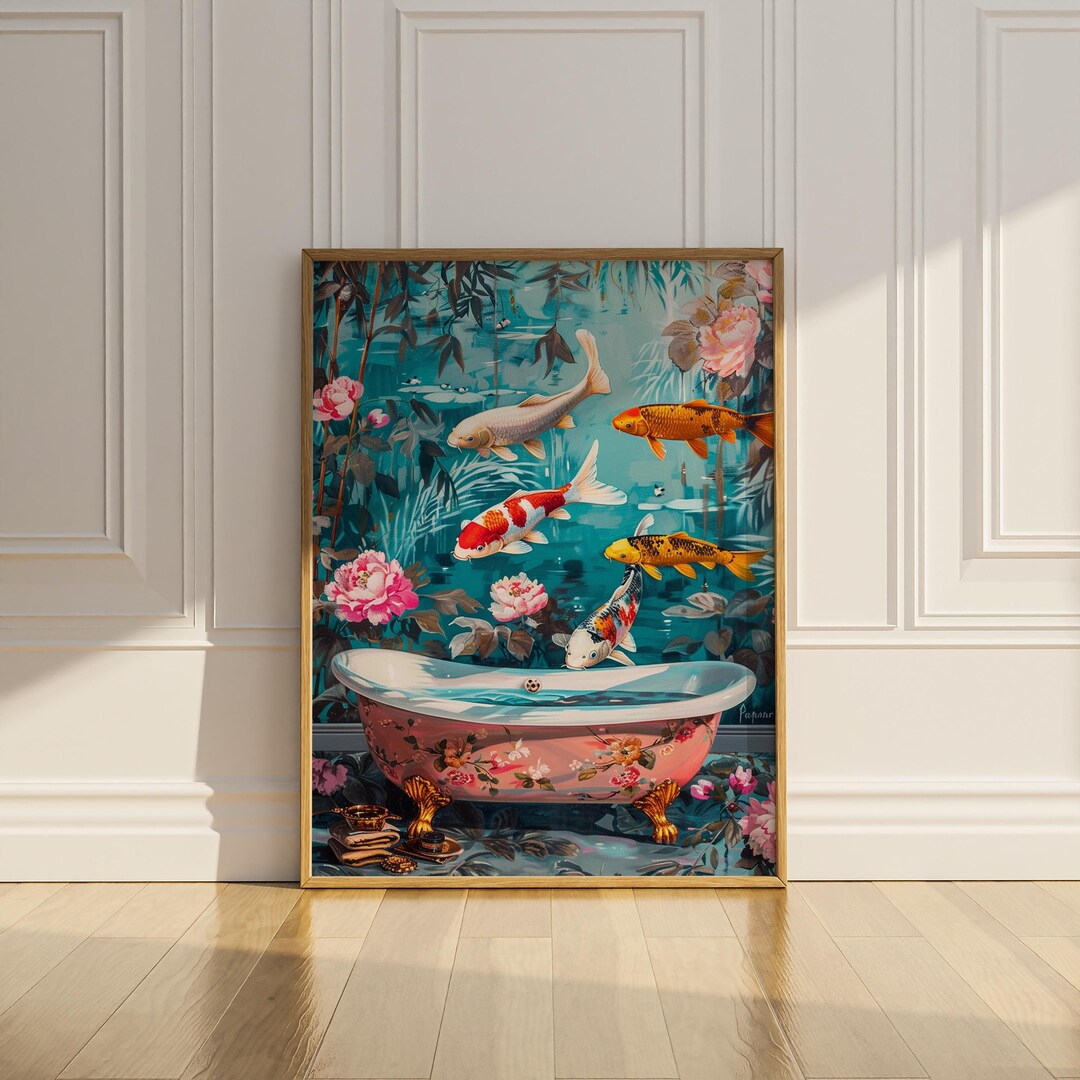 Koi Fish Bathroom Print Poster Japanese Koi in Bathtub Wall Art Koi ...