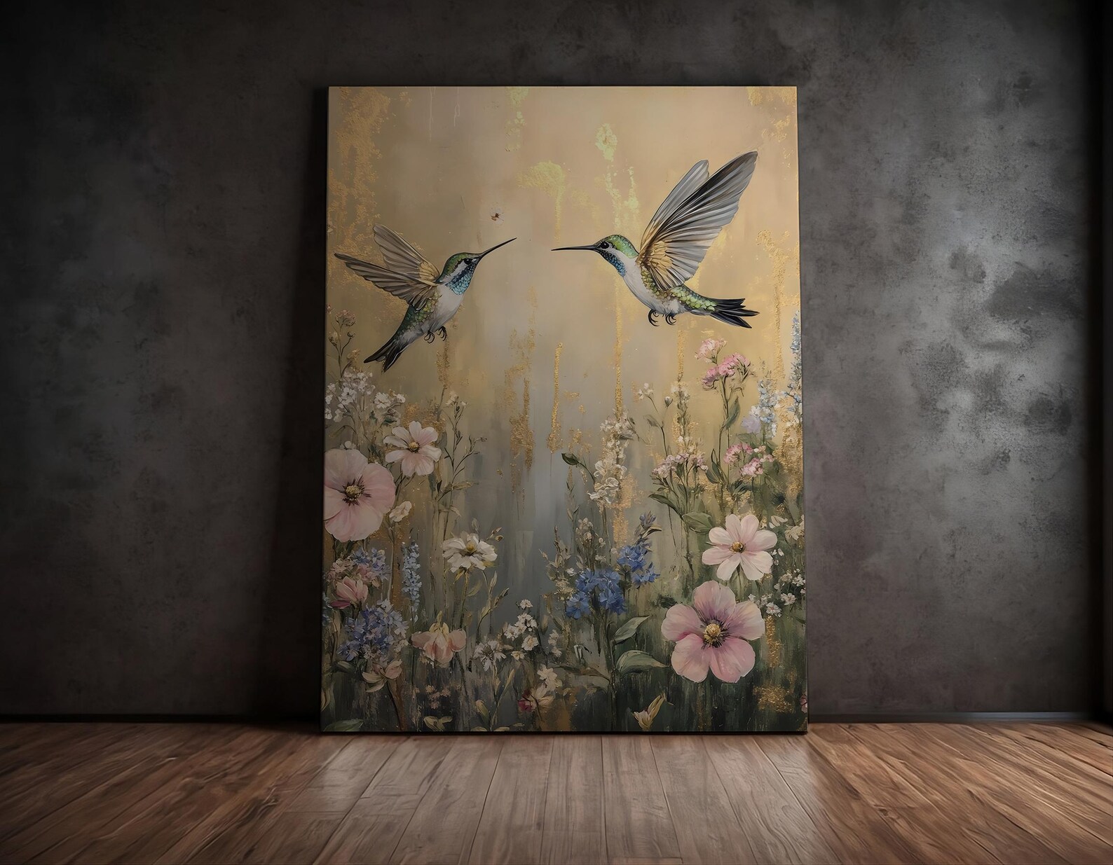 Wildflower Hummingbird Canvas Print Wall Art Vintage Flower Floral Wall ...