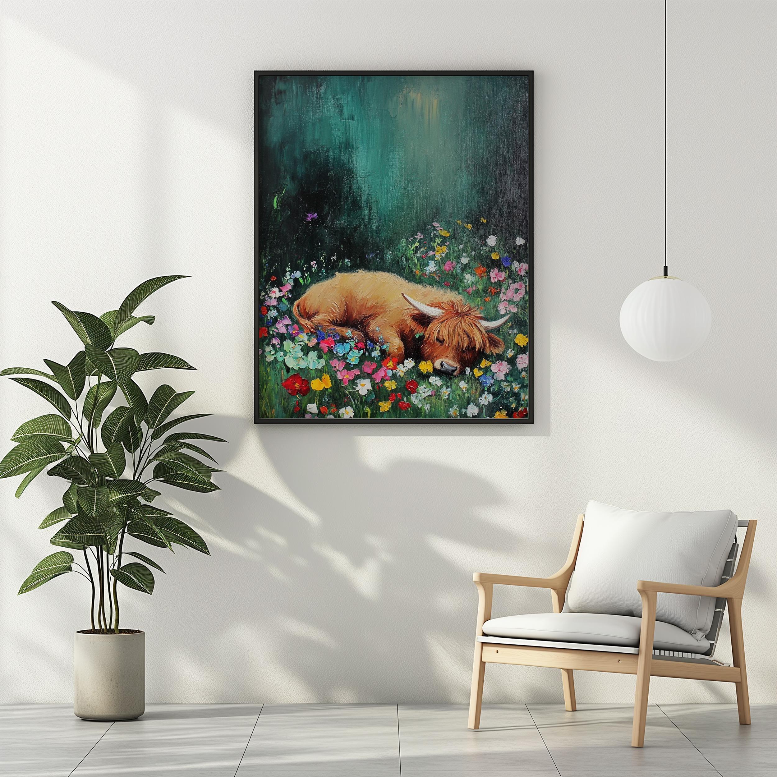 Highland Cow Sleeping in A Field of Wildflowers Wall Art Printable Oil ...