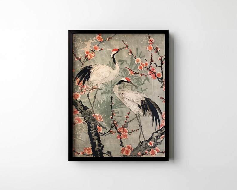 Japanese Wall Art Red Cap Cranes Sakura Cherry Tree Wall Decor Vintage ...