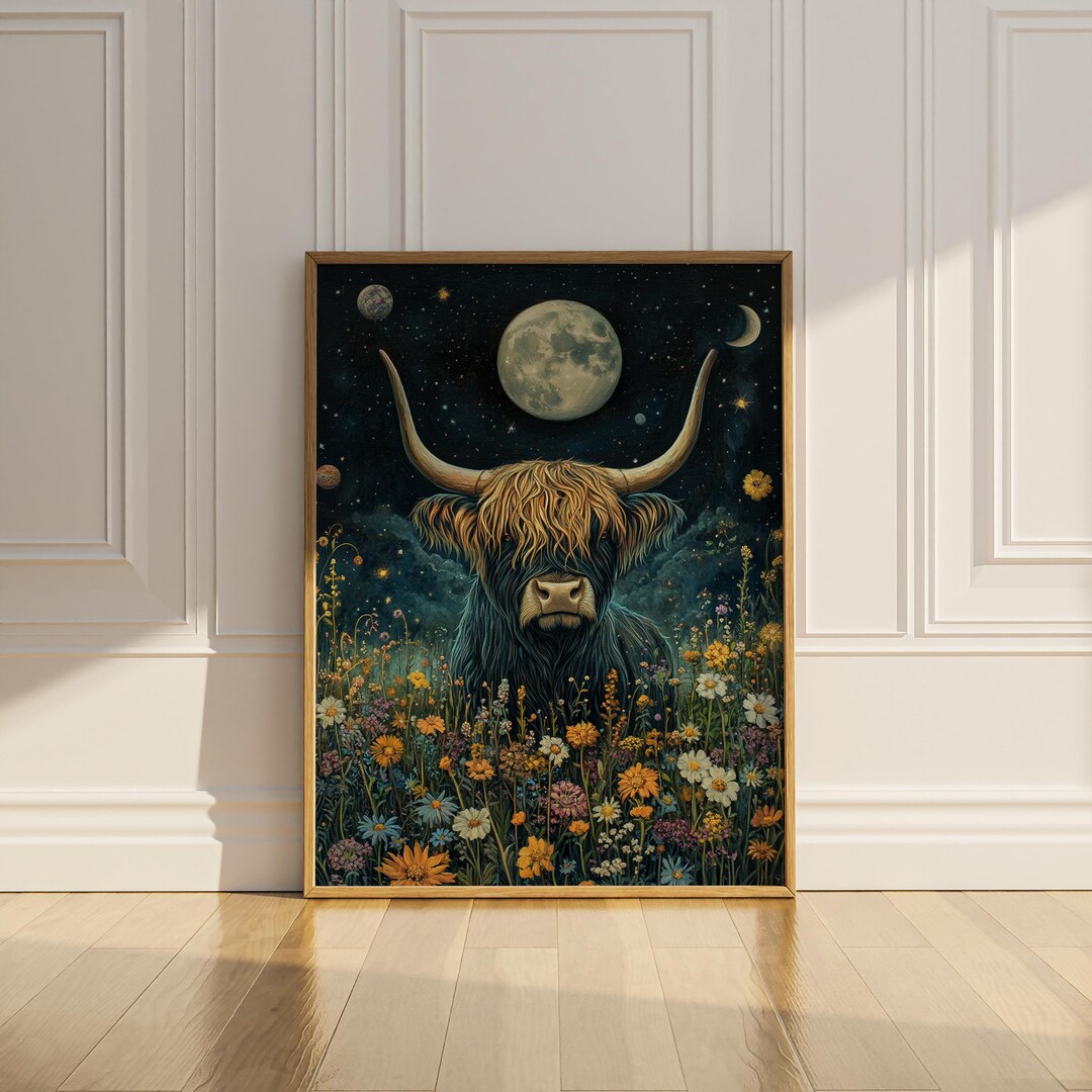 Highland Cow Wildflowers Poster Print Celestial Wall Art Western Wall ...