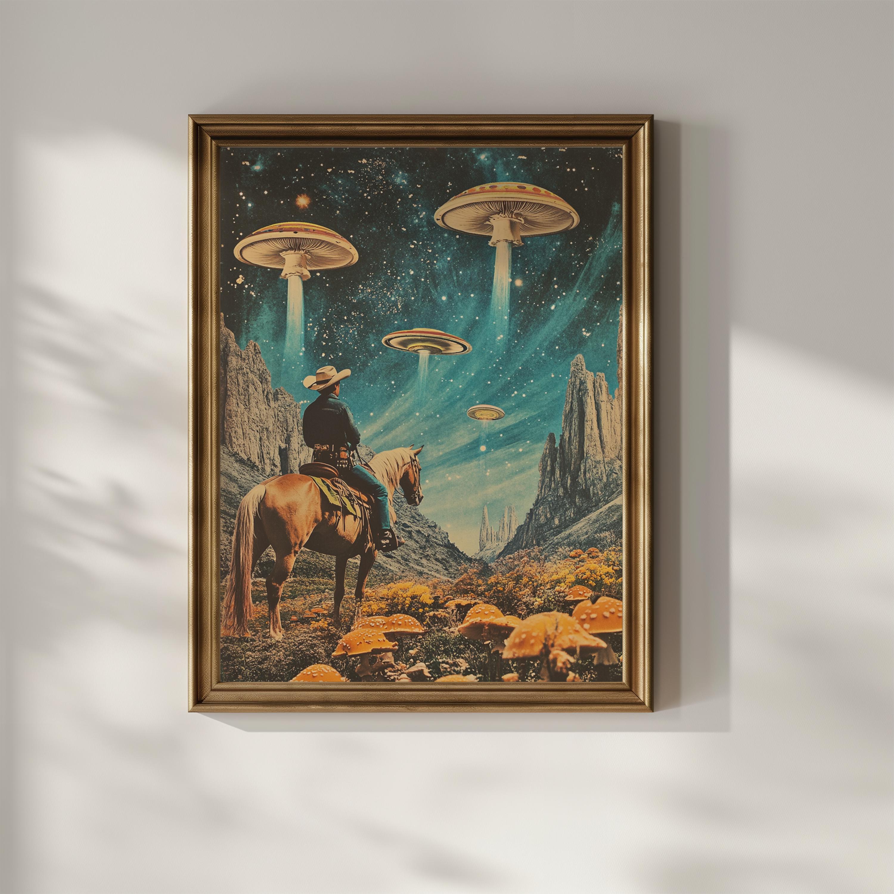 Cowboy Riding Horse Vintage Collage Wall Art Mushroom UFO Trippy ...