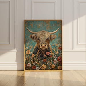 Highland Cow Wildflowers Poster Print Boho Style Vintage Wall Art ...