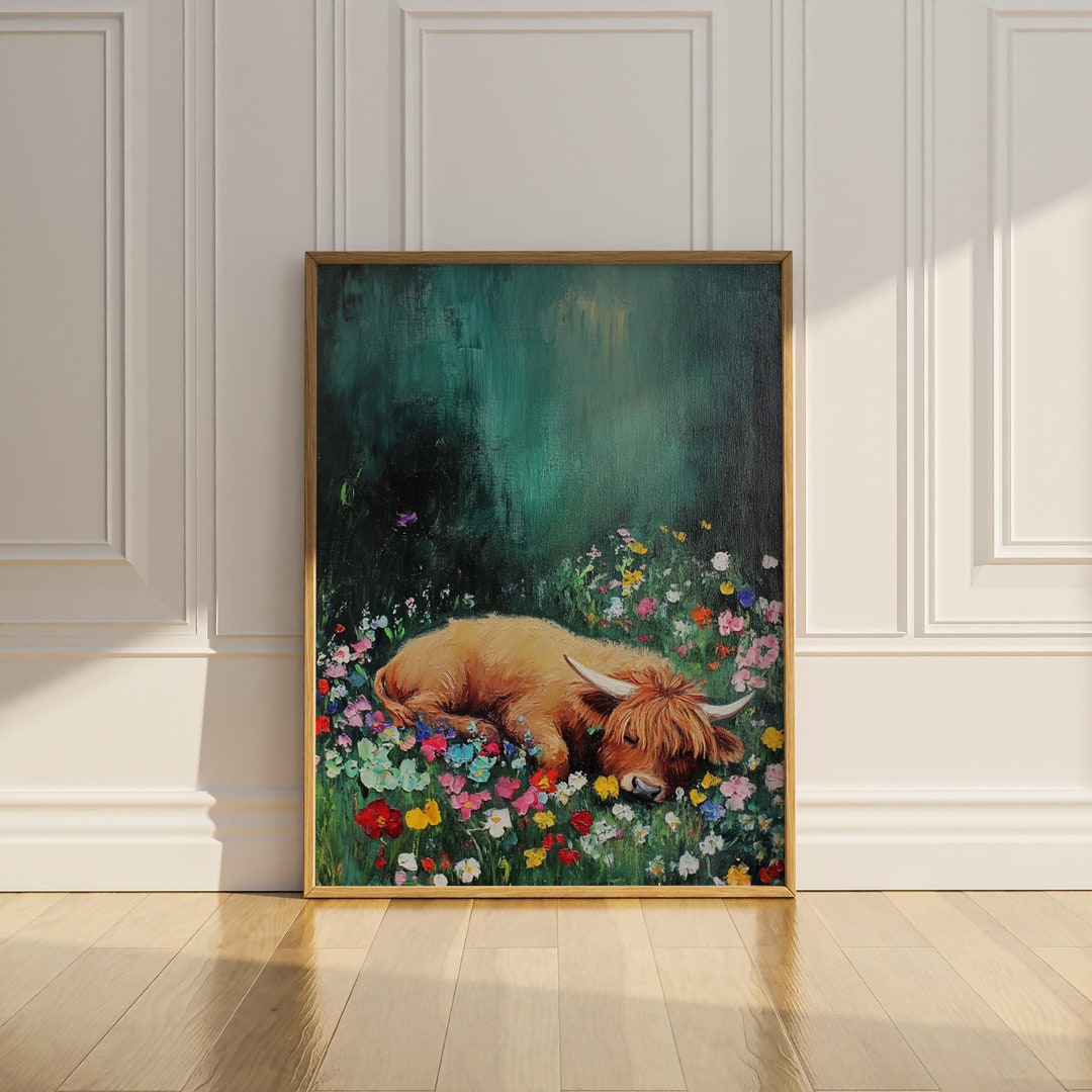 Highland Cow Sleeping in A Field of Wildflowers Poster Print Vintage ...