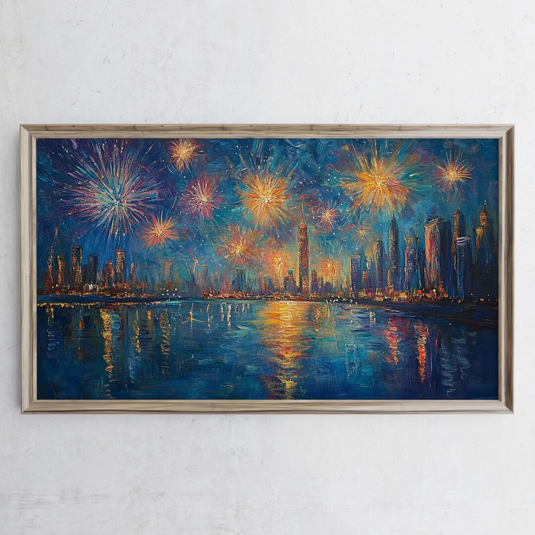 New Years Eve Frame TV Art NYE 2025 Vintage Oil Painting Fireworks ...