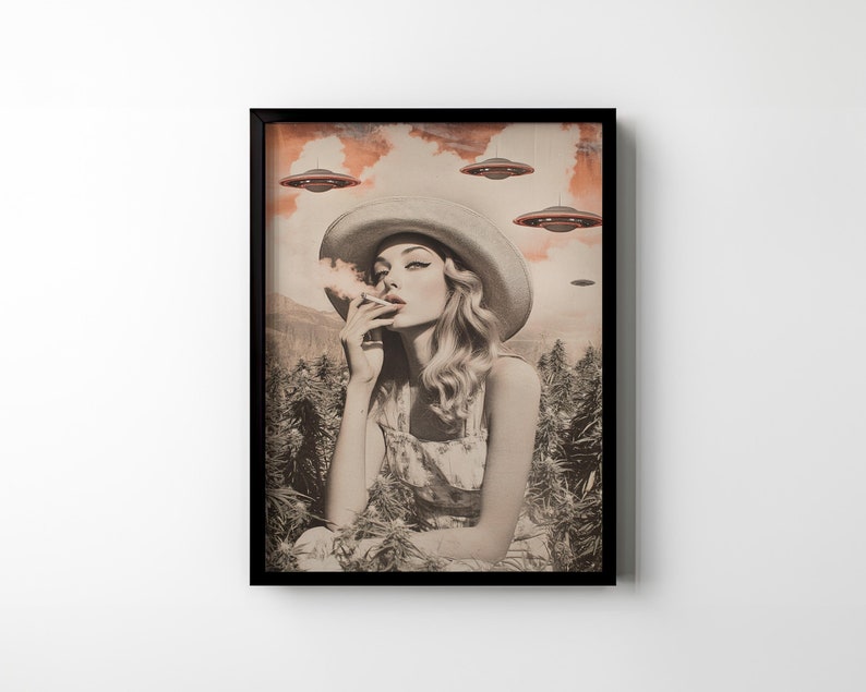 Vintage Girl in Cannabis Field Poster Print Surrealism Trippy Collage ...