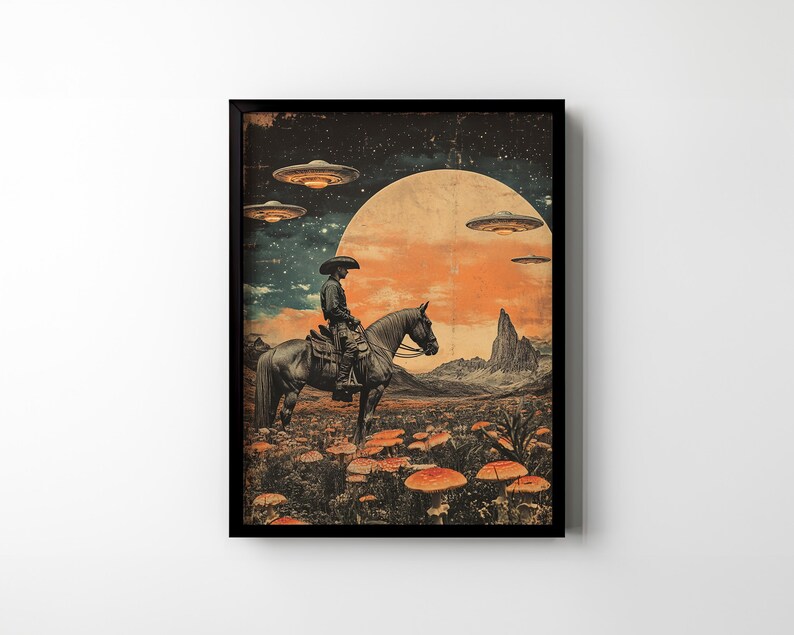 Trippy Cowboy Horse UFO Art Print, Psychedelic Western Wall Decor ...