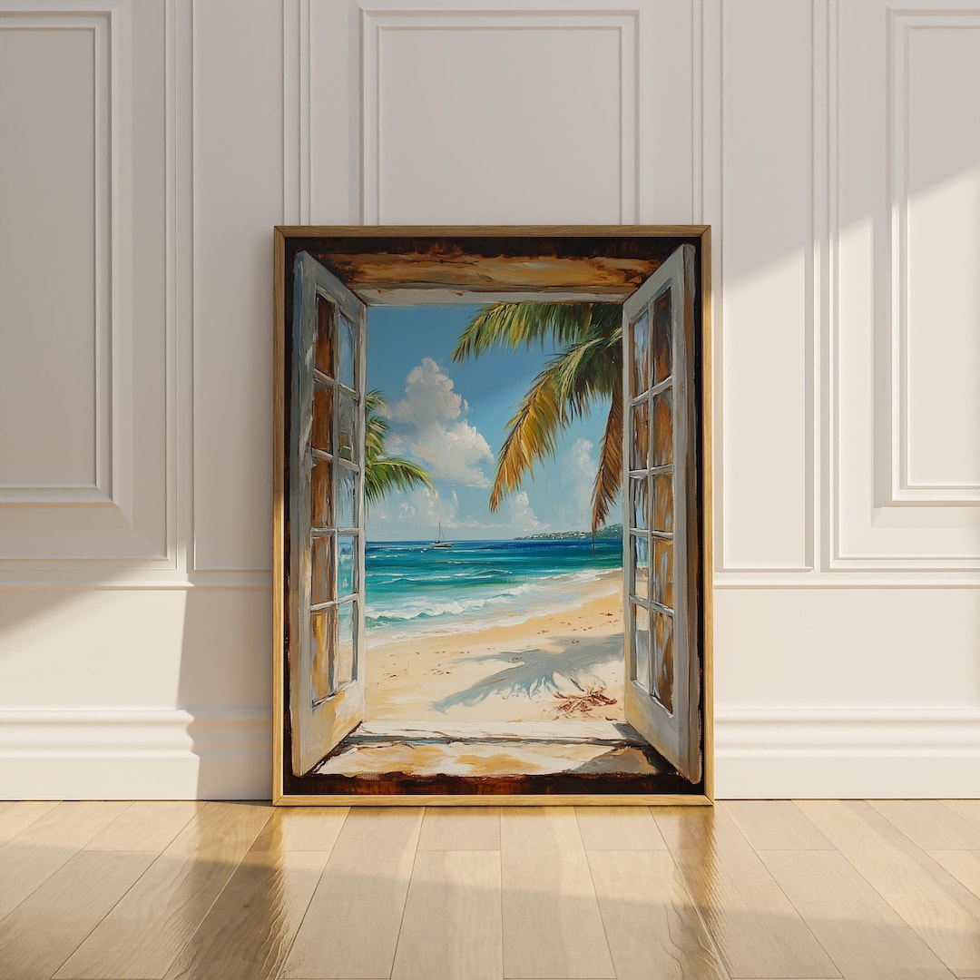 Open Window Scene Oil Painting Printable Wall Art Tropical Beach House ...