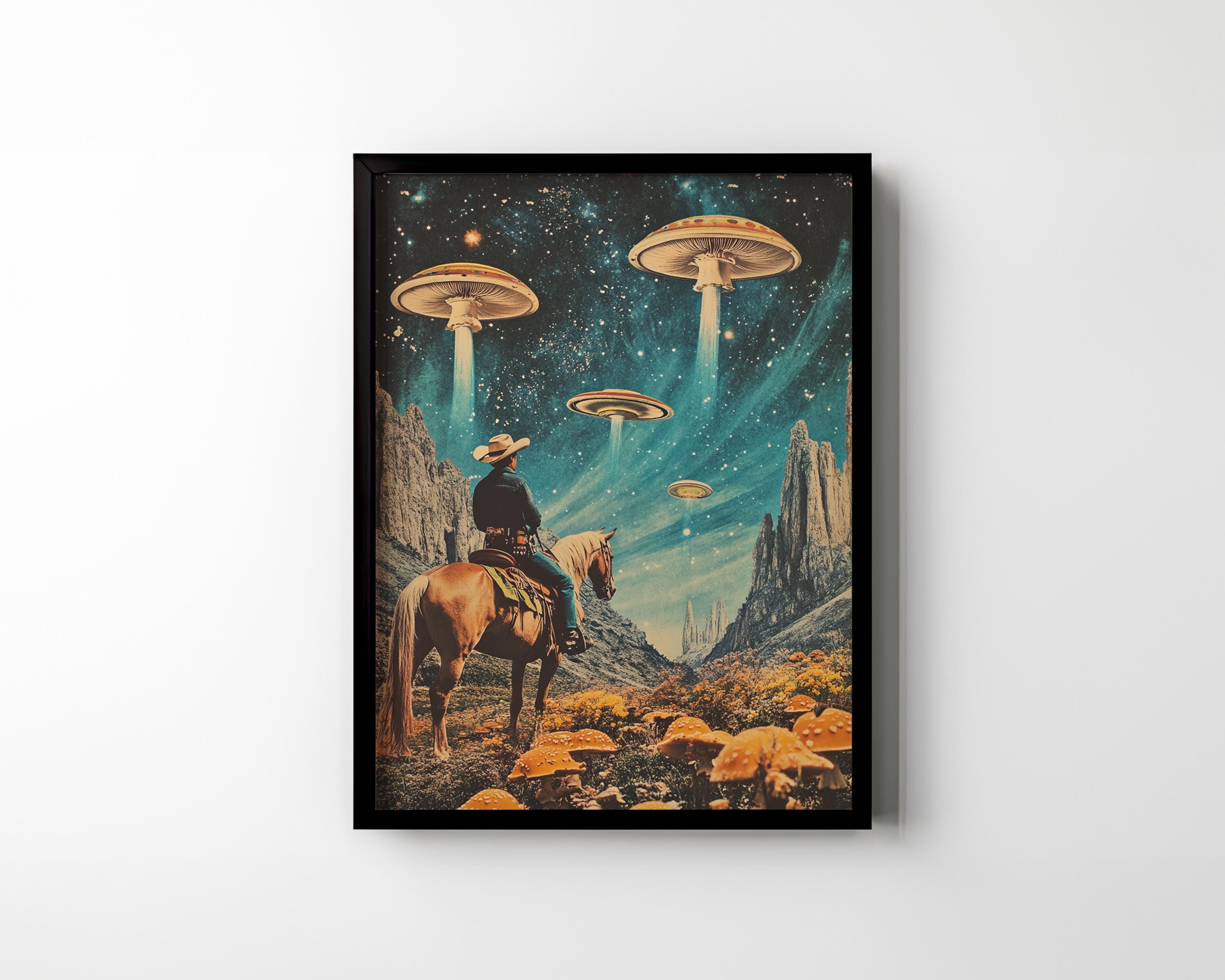 Cowboy Riding Horse Vintage Collage Wall Art Mushroom UFO Trippy ...