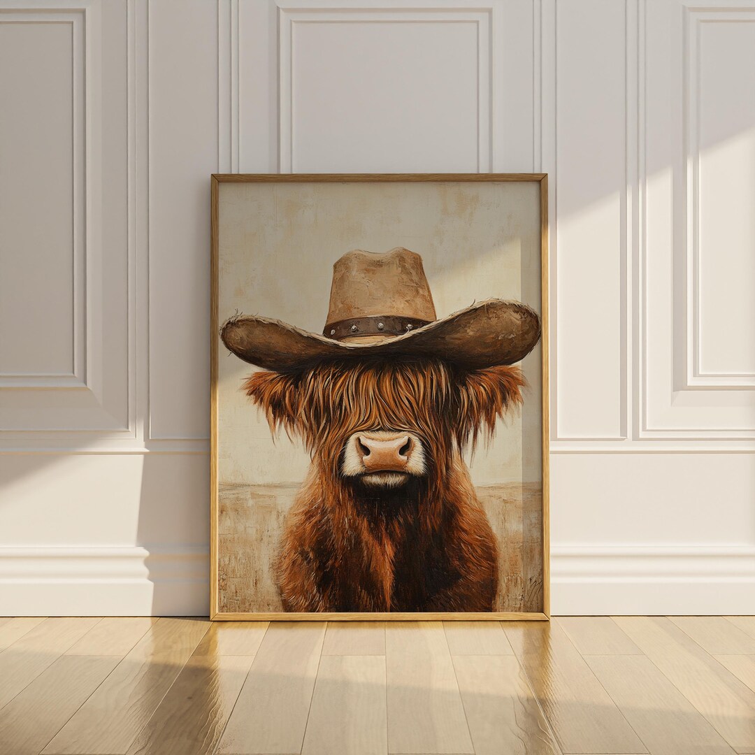 Highland Cow Wearing Cowboy Hat Wall Art Funny Western Boho Printable ...