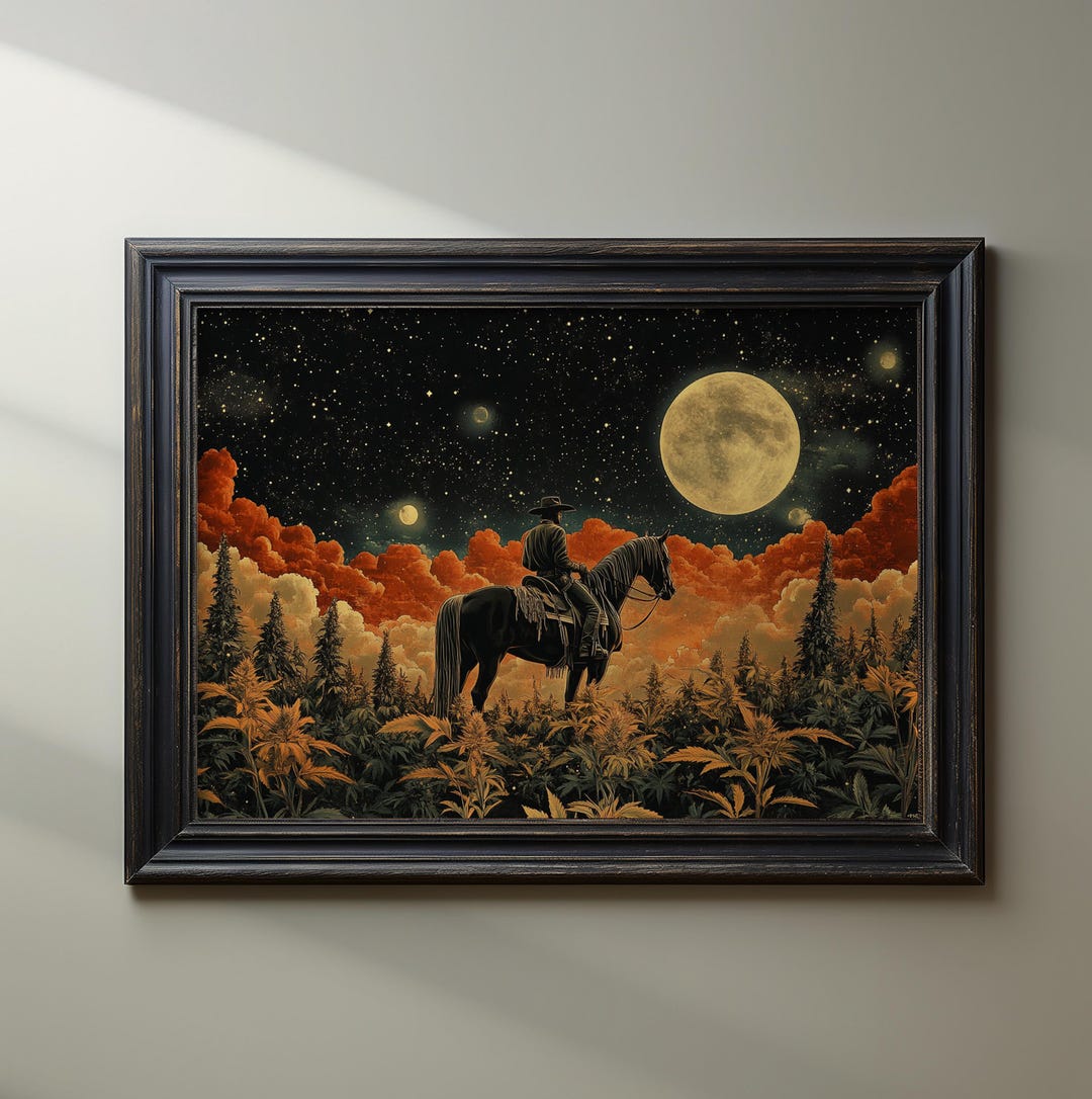 Cowboy Riding Horse in Cannabis Field Printable Wall Art Stoner ...