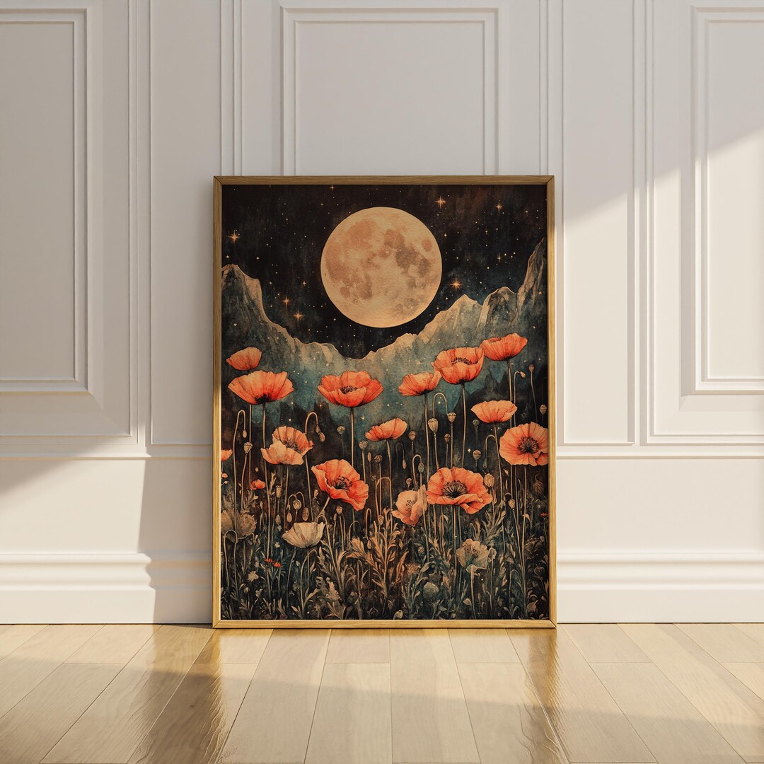 Celestial Poppy Flowers Poster Print Floral Poppies Wall Art Full Moon ...