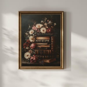 Books Wildflowers Poster Print Vintage Oil Painting Wall Art Dark ...