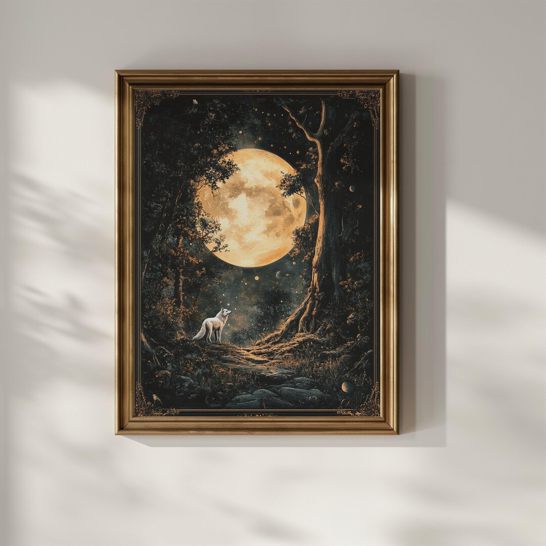 White Wolf Poster Print Full Moon Celestial Art Deco Floral Modern Wall ...